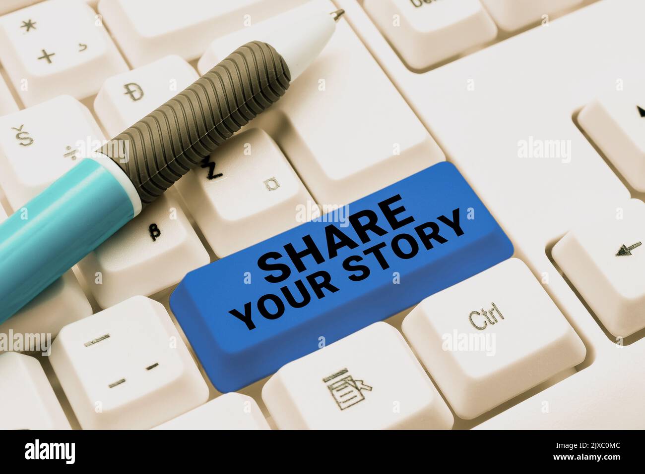 Hand writing sign Share Your Storyasking someone to about himself write ...