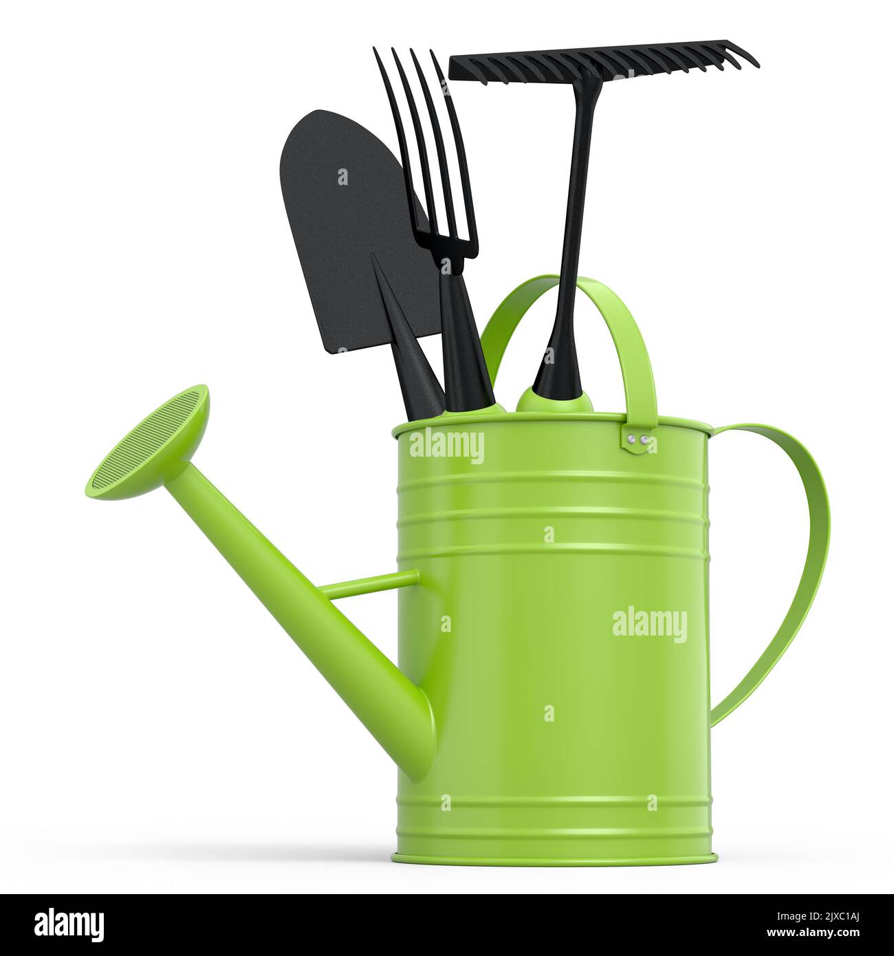 Watering can with garden tools like shovel, rake and fork on white ...
