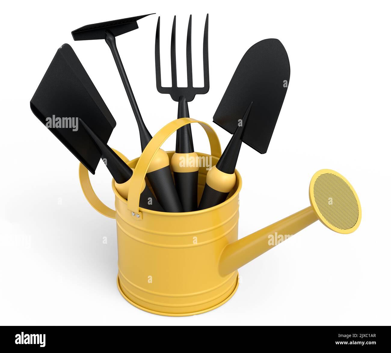 Watering can with garden tools like shovel, rake and fork on white ...