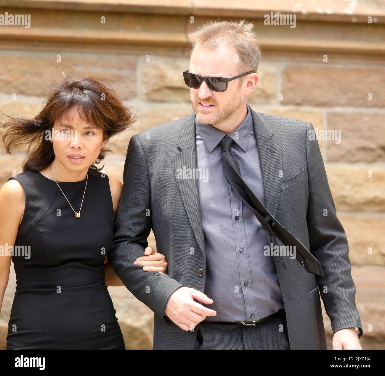 Owner of Sydney Seaplanes Aaron Shaw and partner leave the funeral of ...