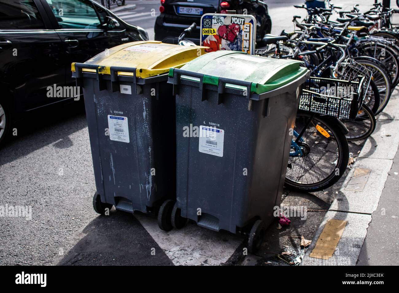 Paris, France - September 05, 2022 Garbage container in the downtown ...