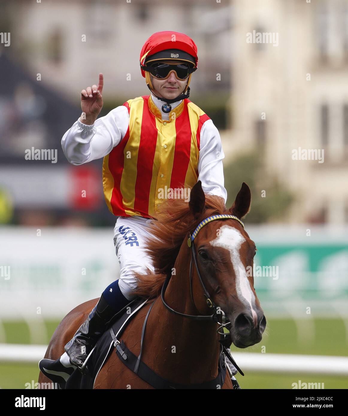 Jockey James Innes Jr reacts after riding Pendeloque to victory in Race ...