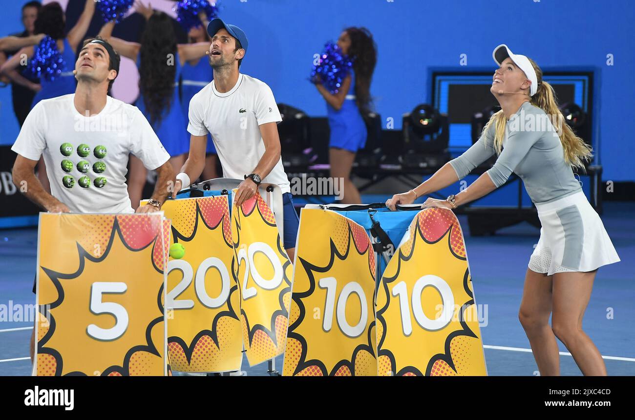 (L-R) Roger Federer, Novak Djokovic and Caroline Wozniack participate ...