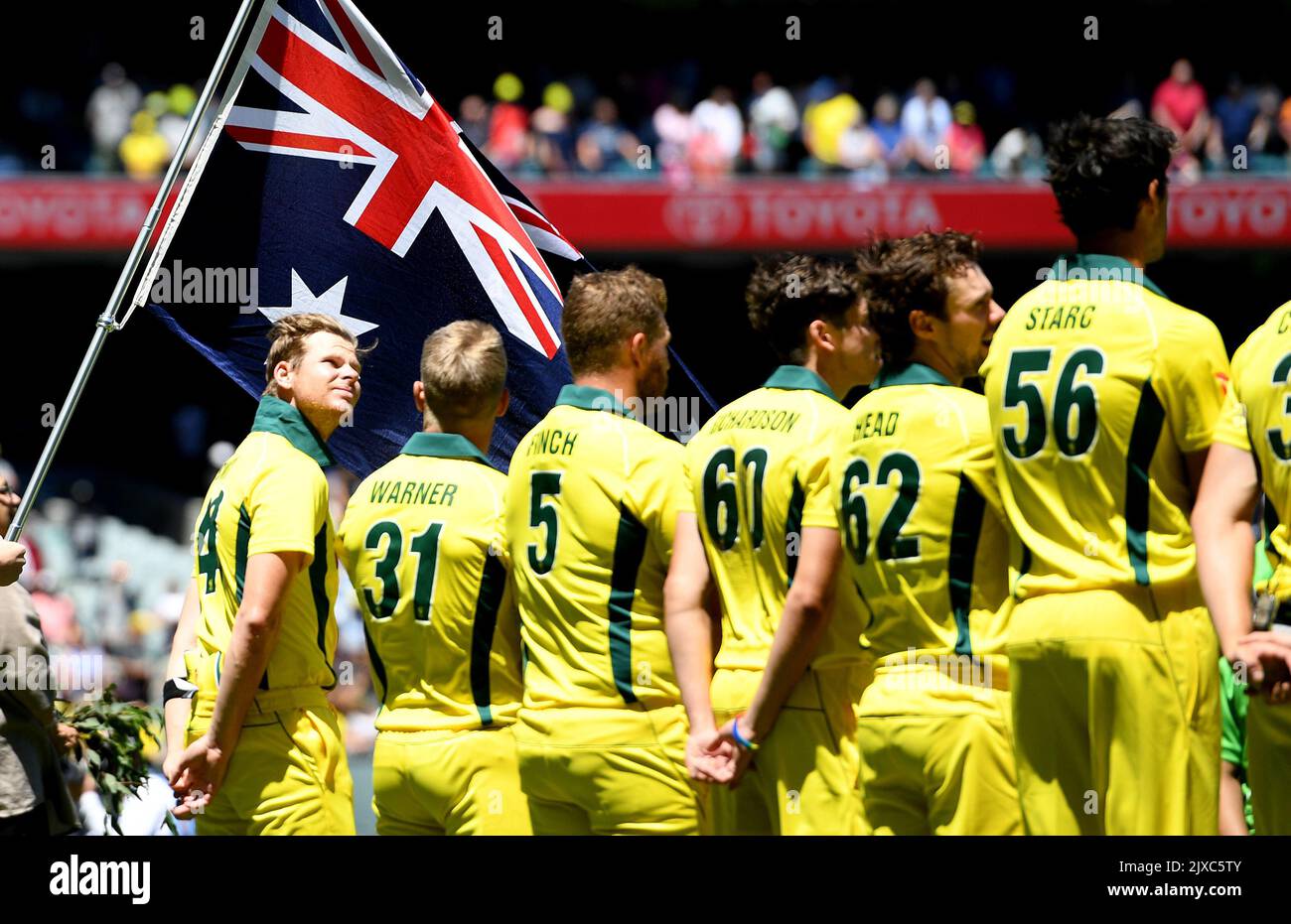 Australian captain Steve Smith sings the national anthem before the ...