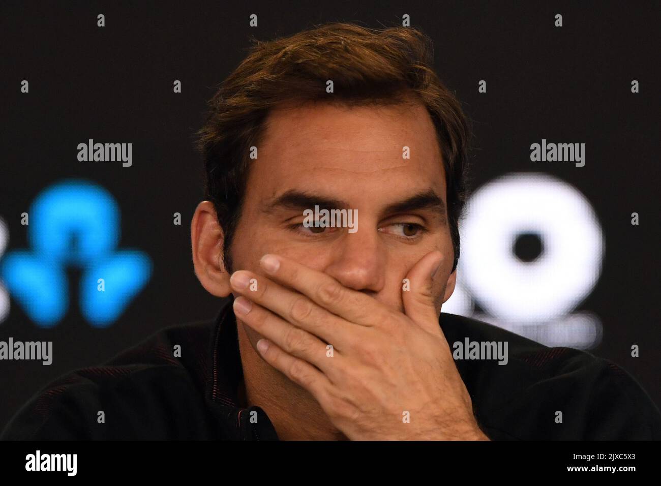 Roger Federer of Switzerland speaks during a press conference ahead of ...