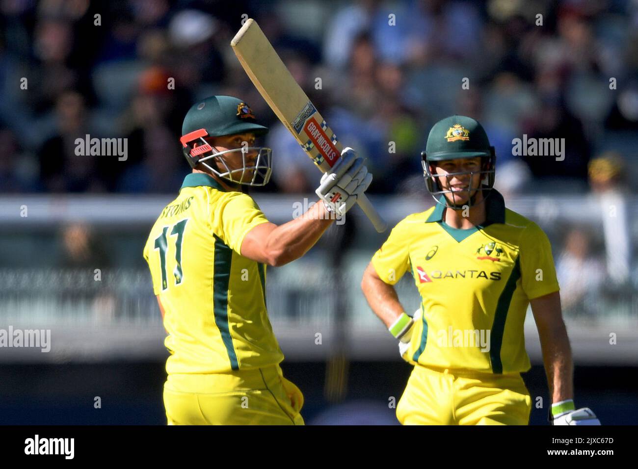Marcus Stoinis of Australia celebrates reaching his 50 runs during the ...