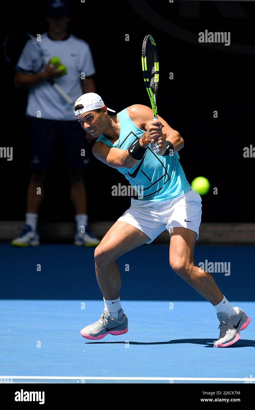 Rafal Nadal of Spain in action during a practice session ahead of the ...