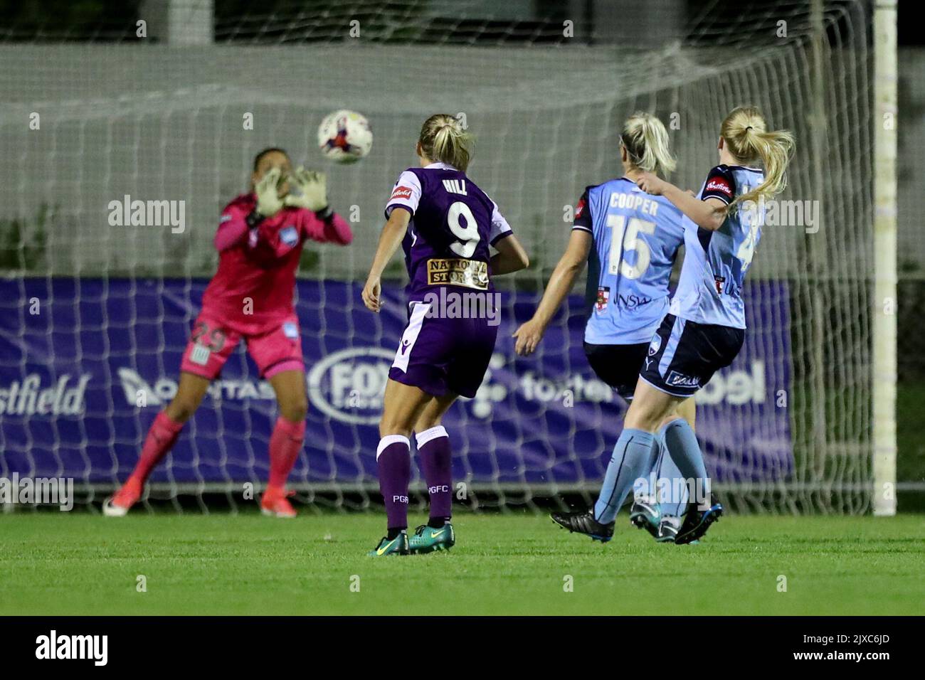 Rachel Hill of the Glory takes a shot on goal during the W-League Round ...