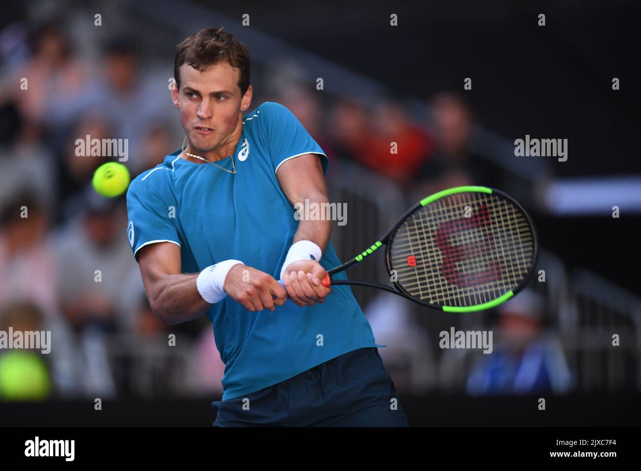 Vasek Pospisil of Canada in action against Marin Cilic of Croatia ...