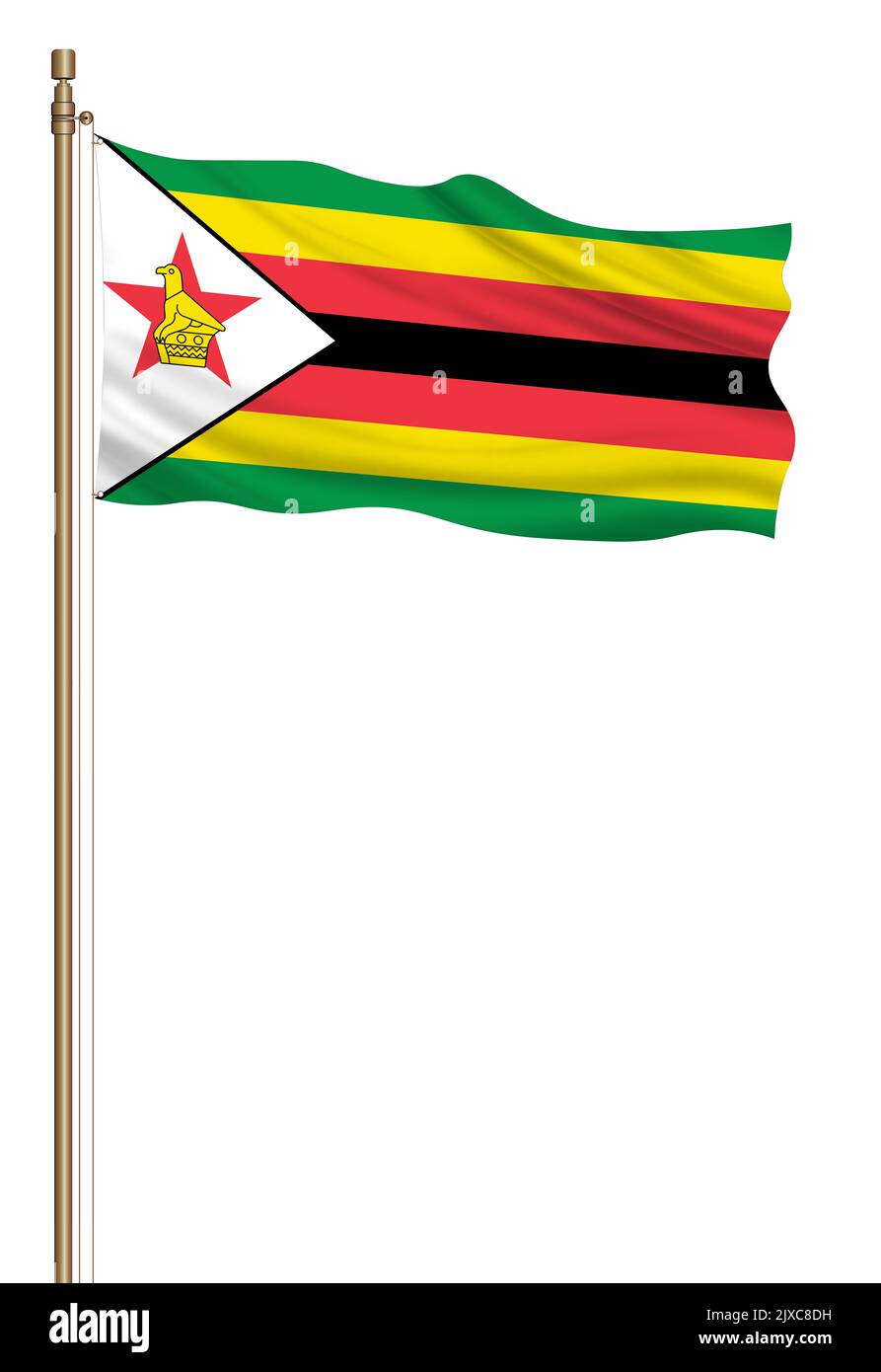 3D Flag of Zimbabwe on a pillar blown away isolated on a white background Stock Photo - Alamy