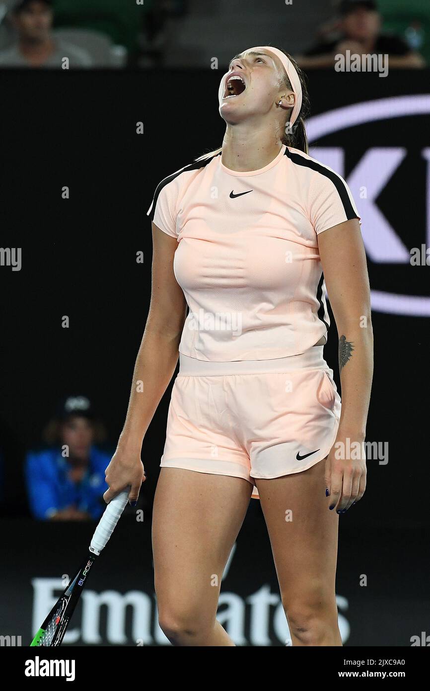 Aryna Sabalenka of Belarus reacts against Ashleigh Barty of Australia ...