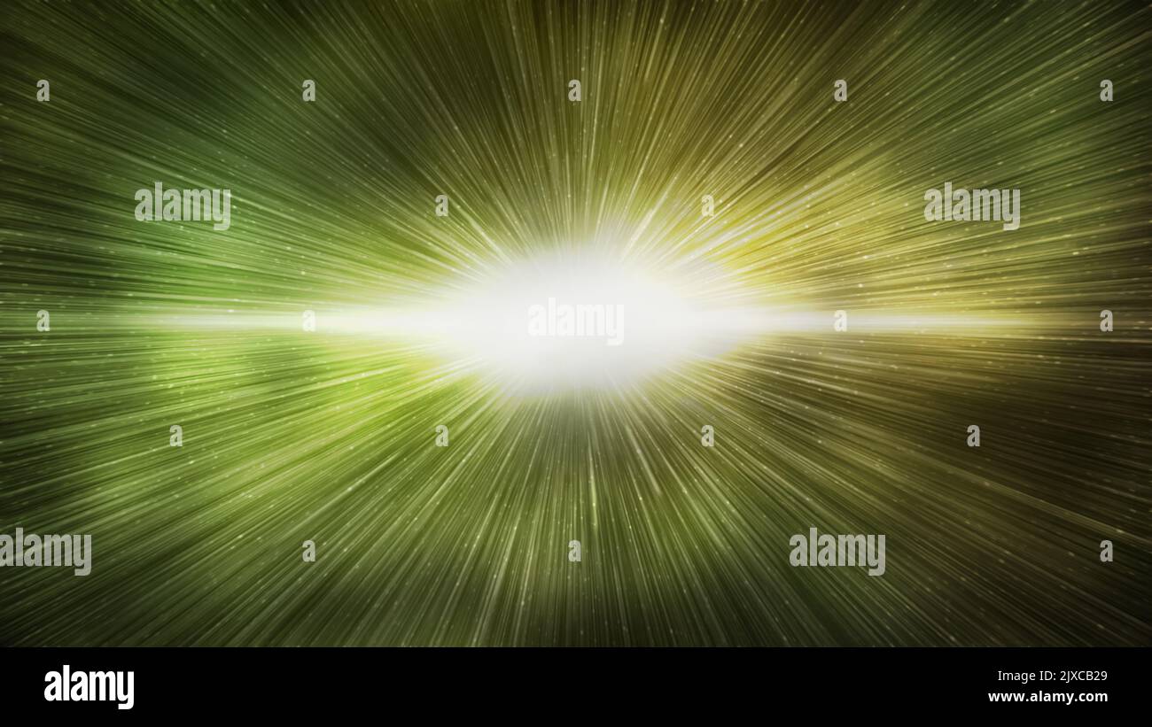 Big bang effect on bright yellow galaxy sky, horizontal background. 3d ...