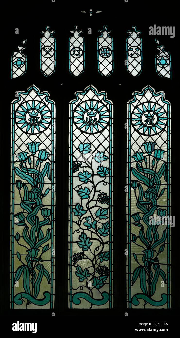 Leaded floral design, stained glass window Dennington church, Suffolk ...
