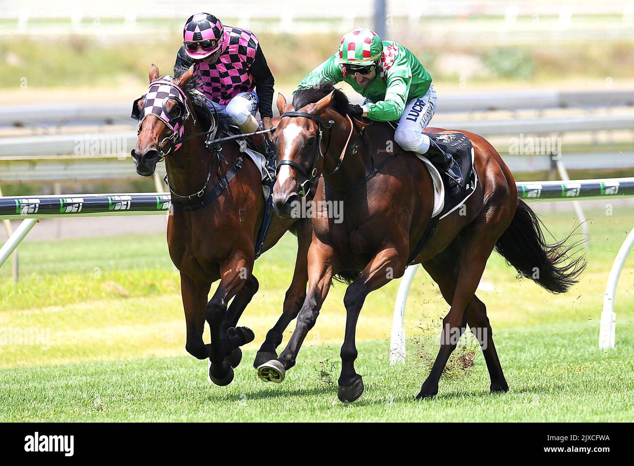 Jockey Larry Cassidy rides First Crush (right) to victory in Race 2 ...