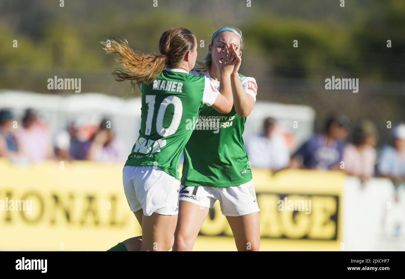Grace Maher of United and Ellie Carpenter of United celebrate a goal ...
