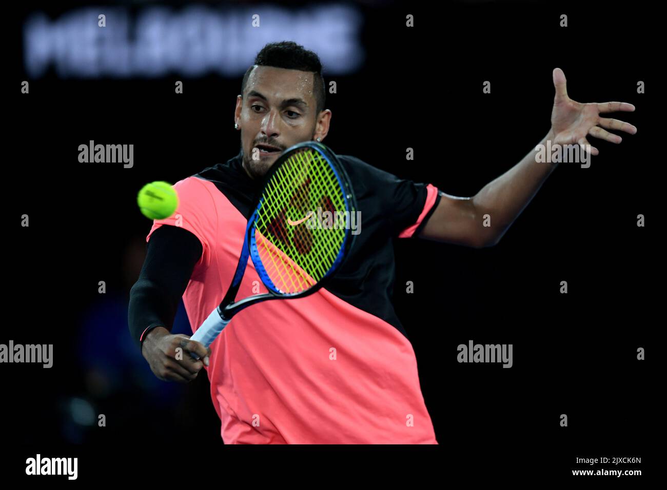 Nick Kyrgios of Australia in action against Grigor Dimitrov of Bulgaria ...
