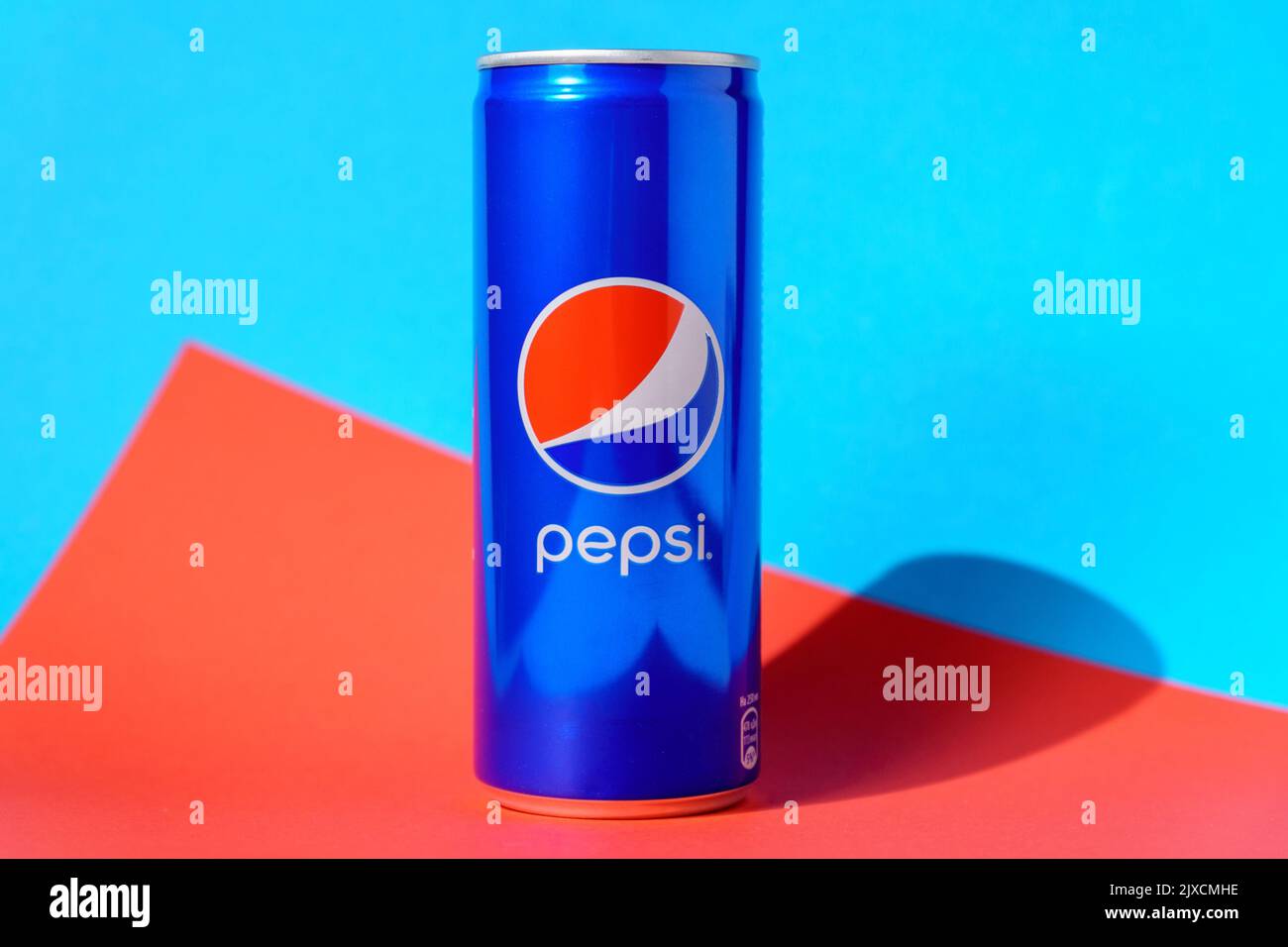 Tyumen, Russia-June 30, 2022: Pepsi drink in a can colorful background ...