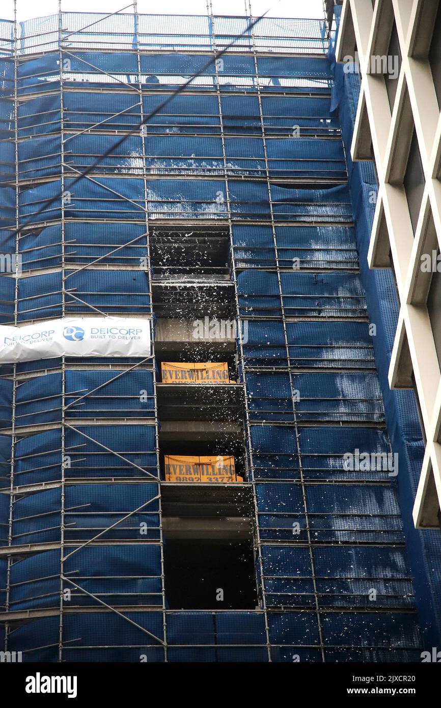 A fire burns in a high-rise building at Lawson Street, Redfern, Sydney ...