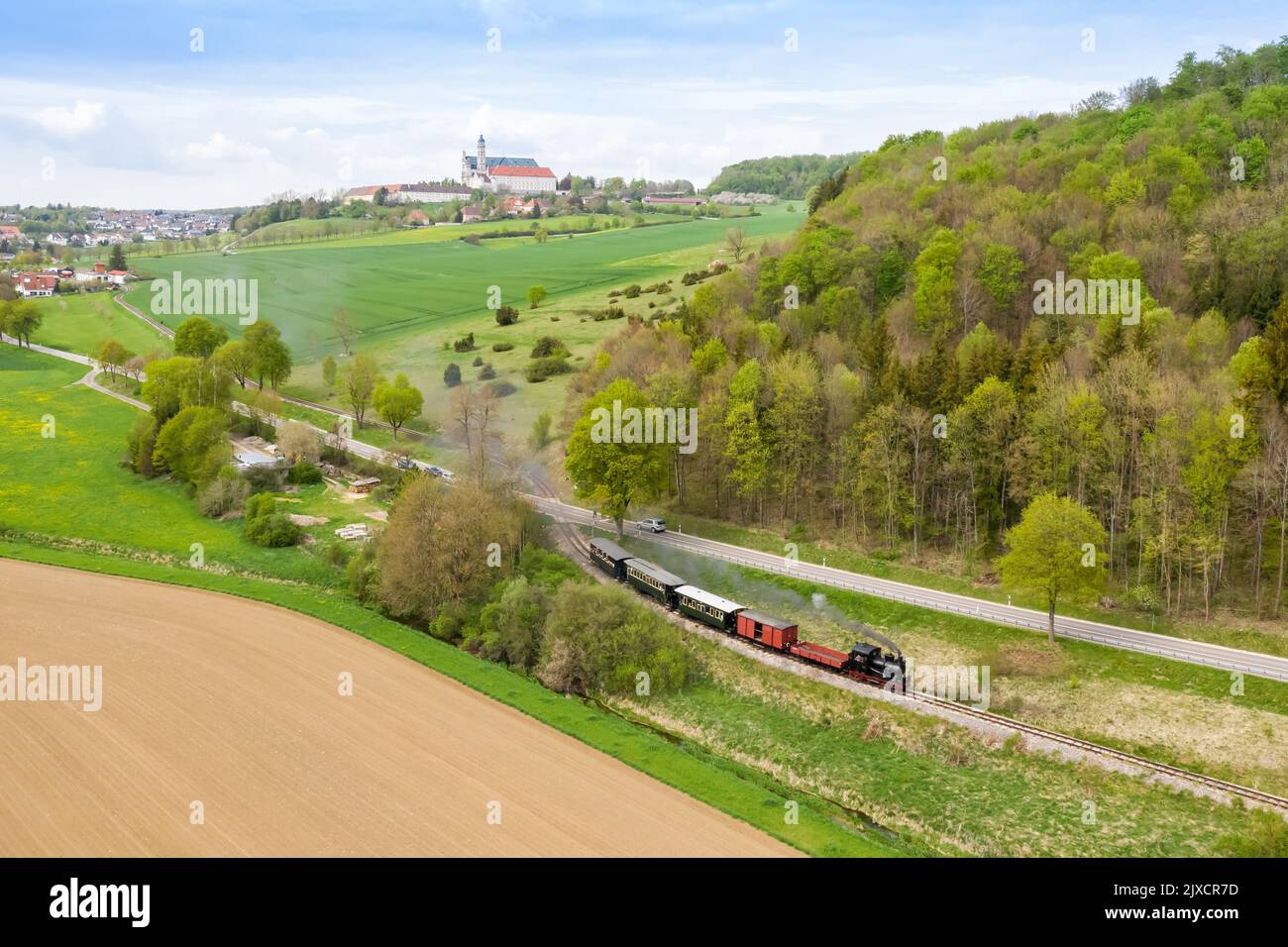 Haertsfeld Schaettere steam train locomotive museum railway rail aerial ...