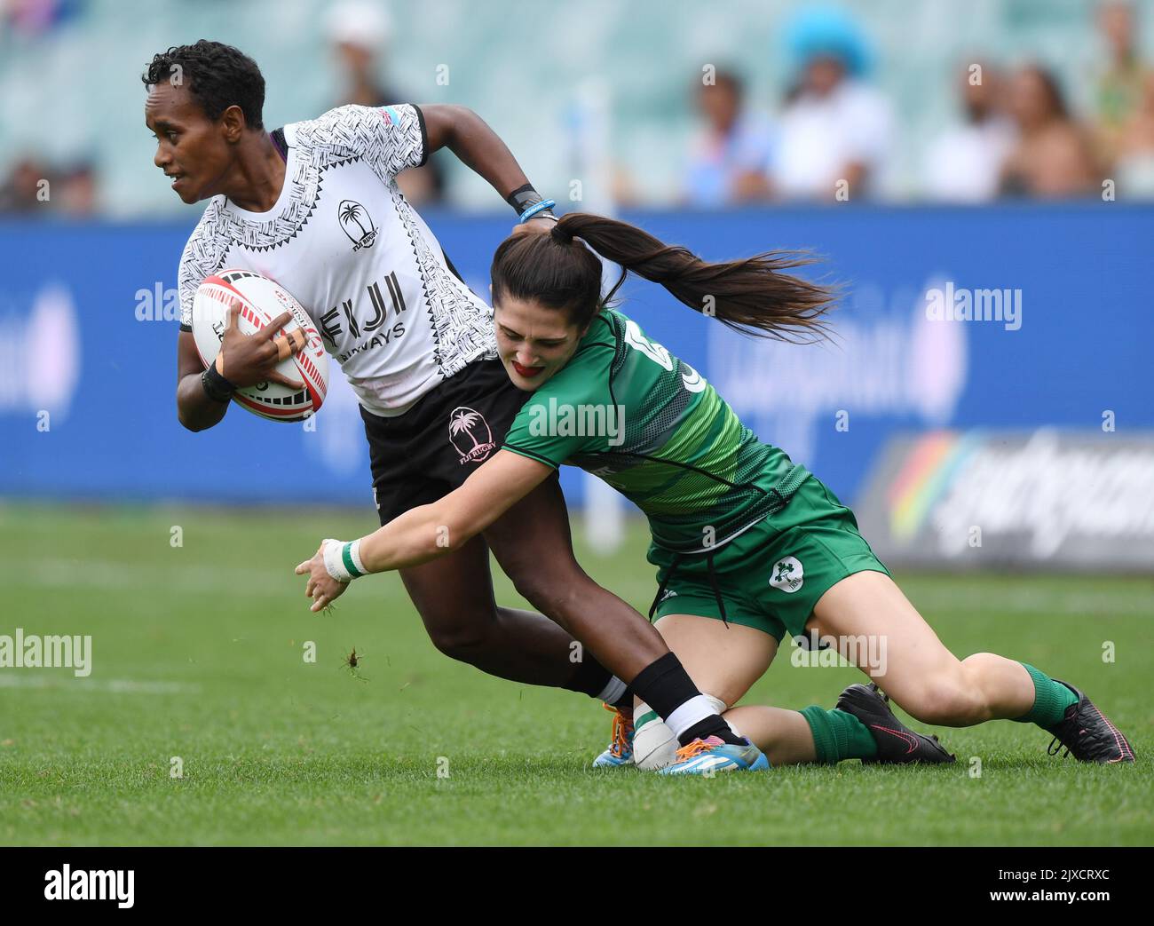 Lucy Mulhall of Ireland tackles Tima Ravisa of Fifi during their Pool C ...