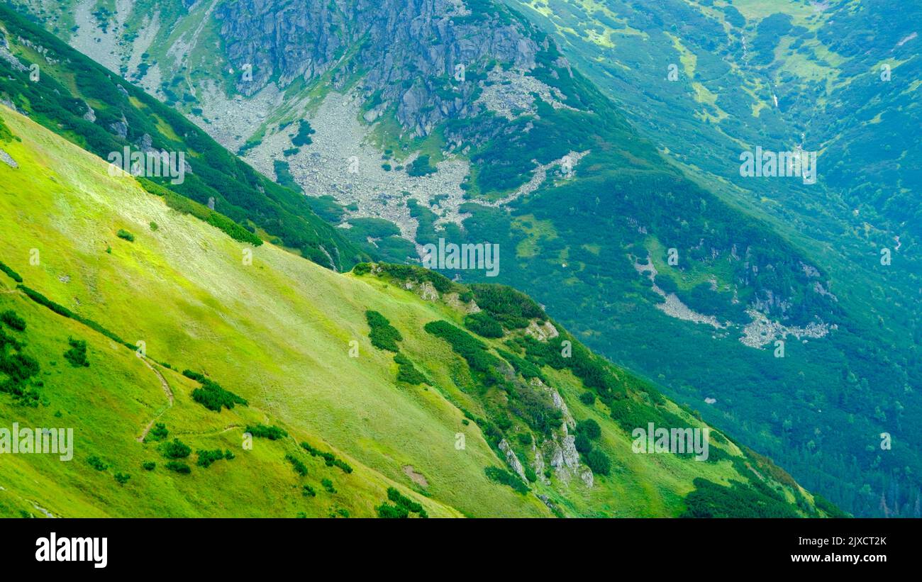 Panoramic view of sunny. A magnificent highland landscape with a ...