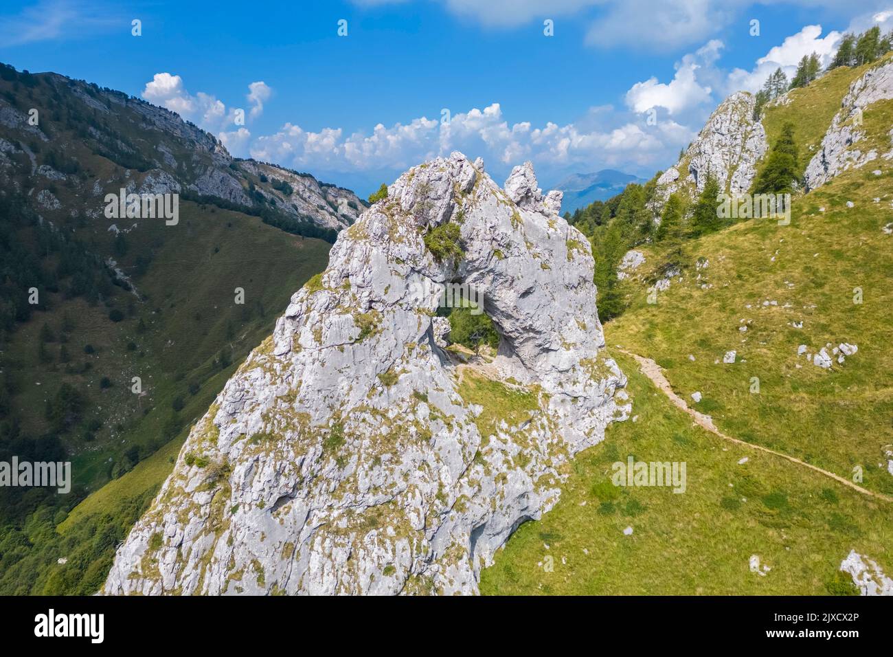 Aerial view of the natural arch rock formation called Porta di Prada in ...