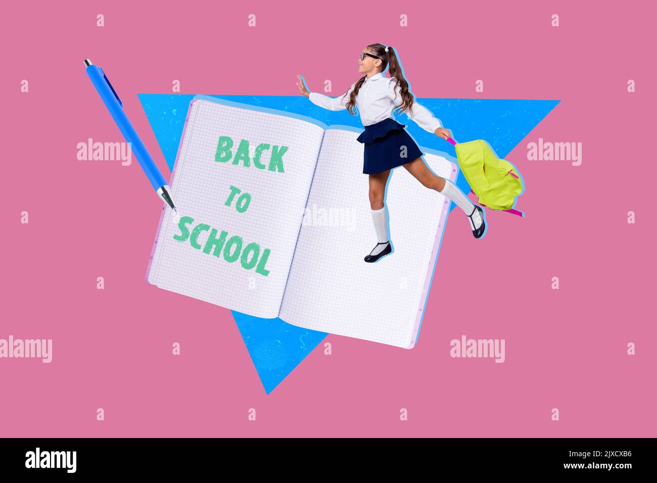 Creative retro 3d magazine image of little child hurrying back to ...