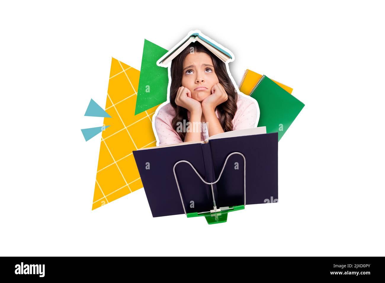 Composite collage picture of unsatisfied overwhelmed girl hands touch ...