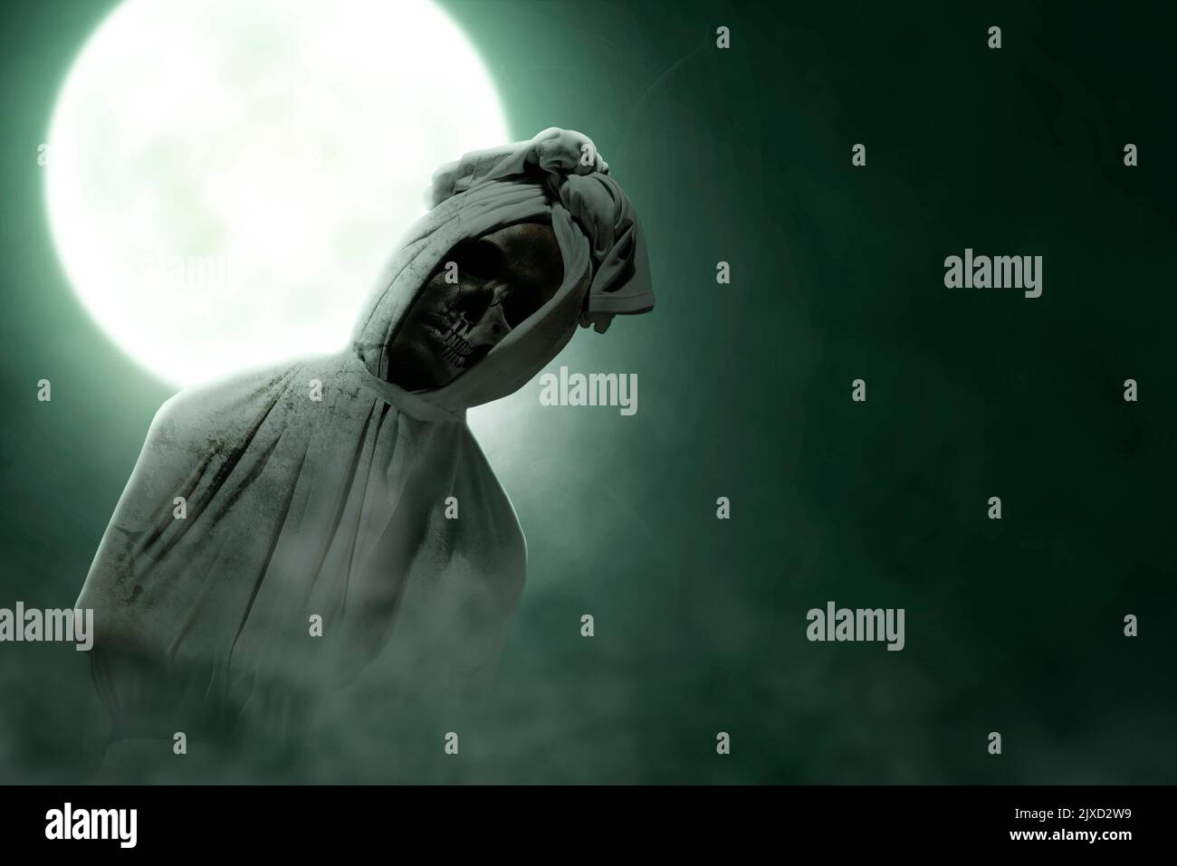Pocong is covered with a white linen shroud standing with full moon ...
