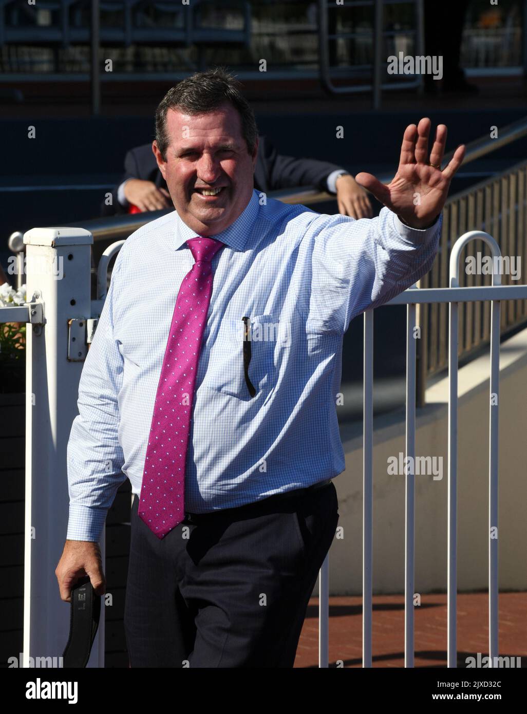 Trainer Tony Noonan is seen after Jockey Ben Allen rides Manolo Blahniq ...