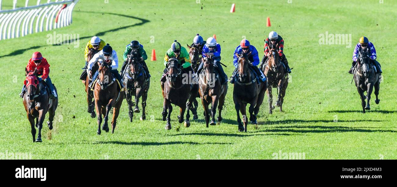 Jockey Hugh Bowman is seen riding Winx with the field during a Barrier ...