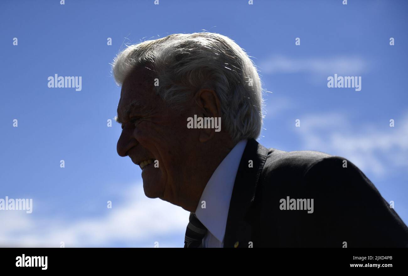 Former prime minister Bob Hawke arrives at the memorial service for ...