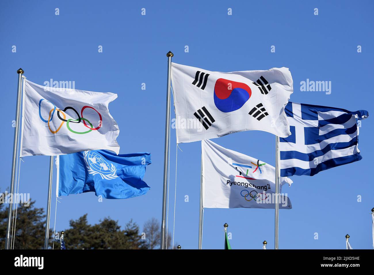 Flags are seen flying at the Athletes Village ahead of the start of the ...