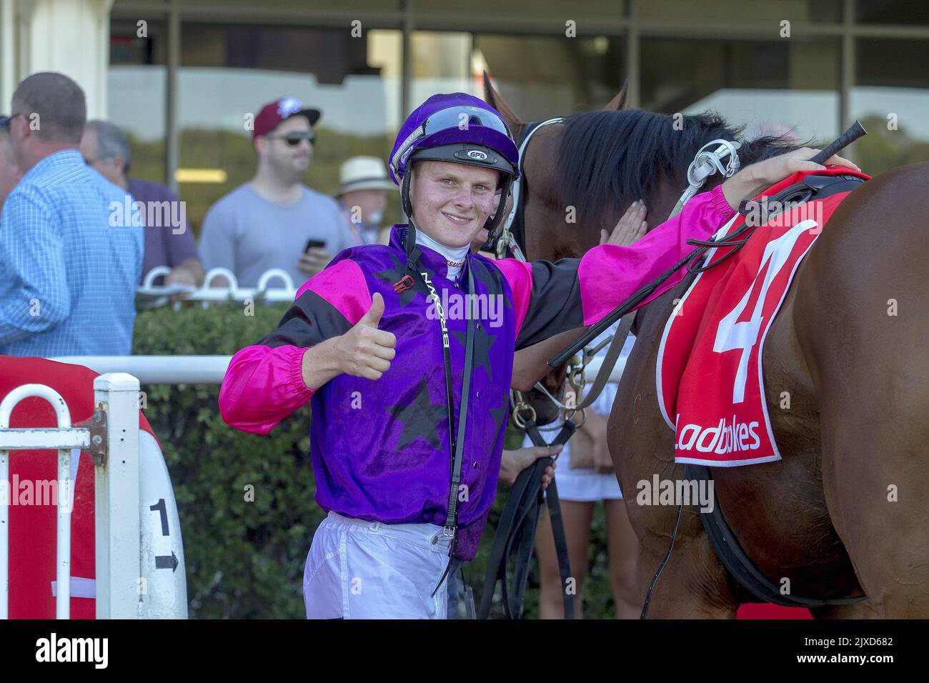 Jockey Ethan Brown gestures after riding Stylish Missile to win Race 4 ...