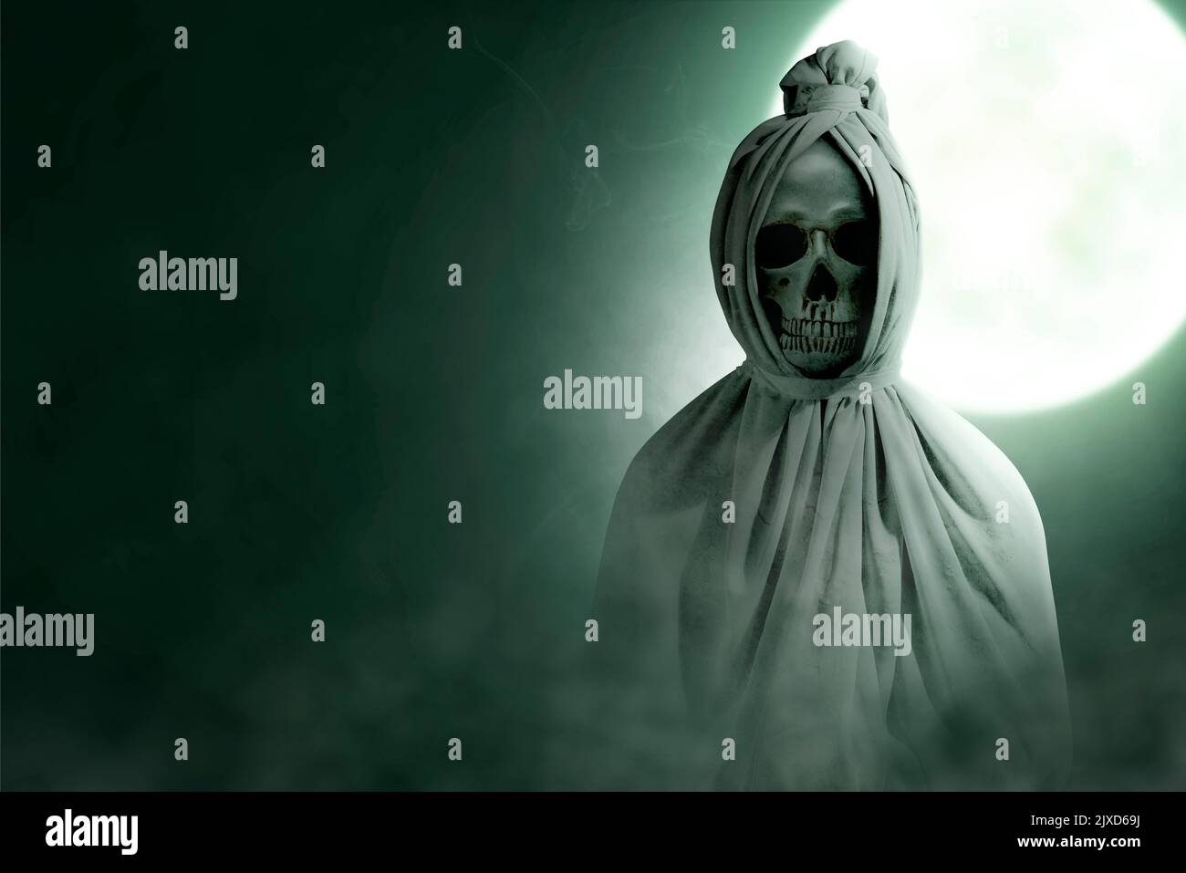 Pocong is covered with a white linen shroud standing with full moon ...