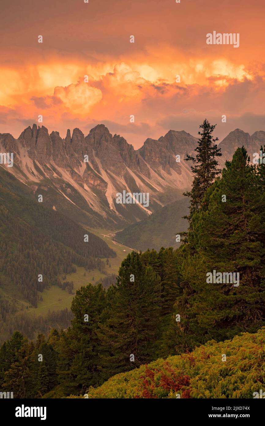 The mountain pasture Kemater Alm with the mountain range Kalkkoegel in ...