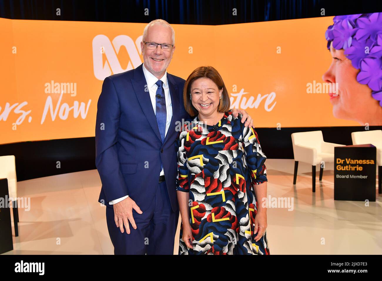 ABC Chairman Justin Milne (left) and Managing Director Michelle Guthrie pose for a photo during ...