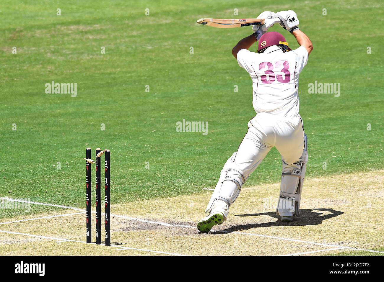 Lachlan Pfeffer of Queensland is bowled by Jackson Bird of Tasmania ...
