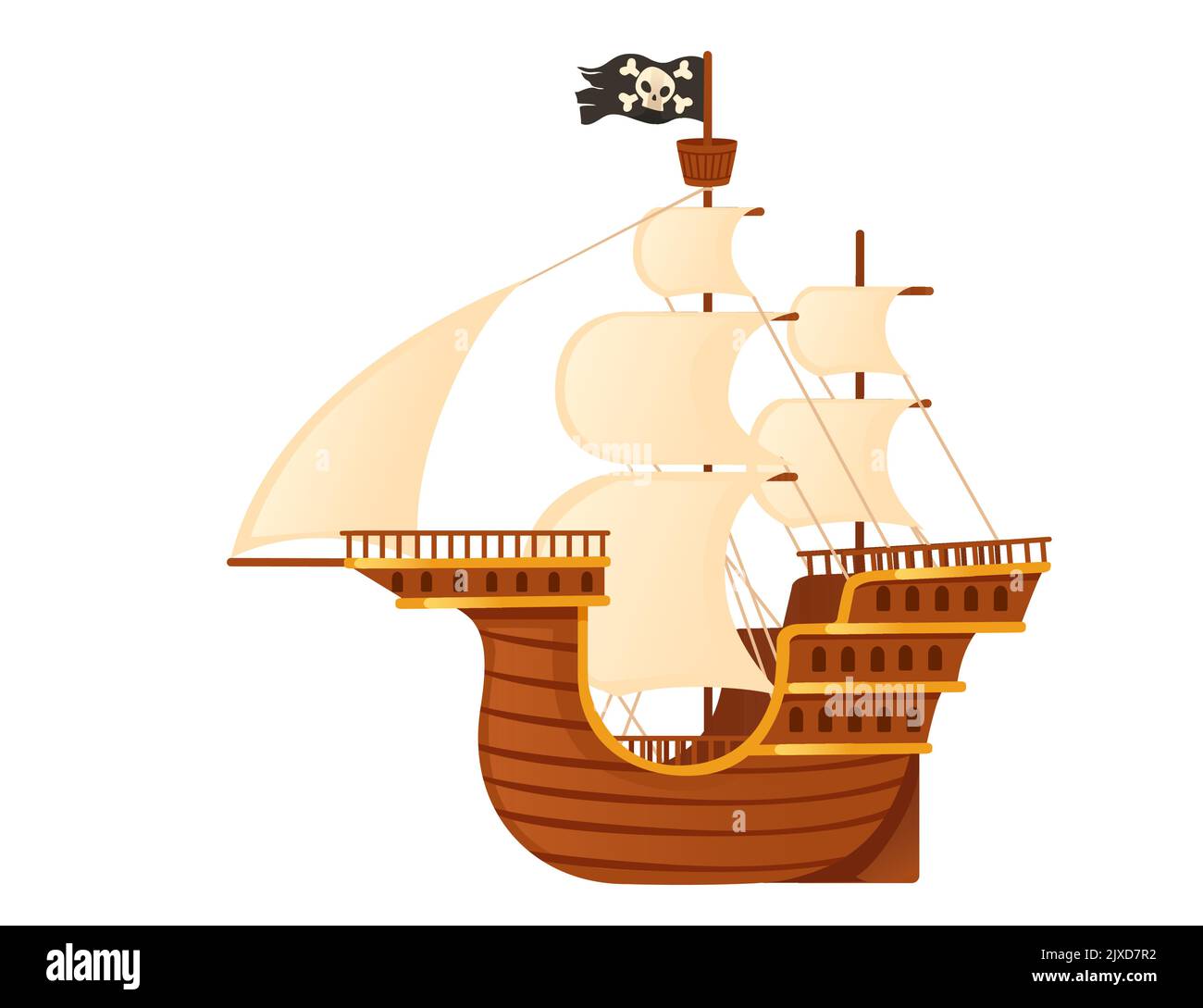 Wooden medieval pirate ship with white sails and black pirate flag ...