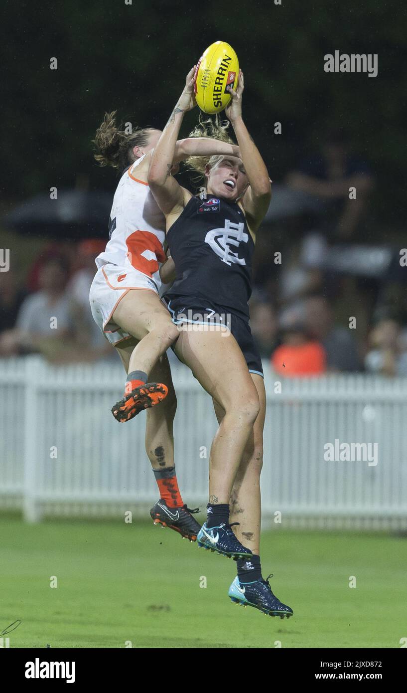 Tayla Harris of the Blues takes a mark during the Round 2 AFLW match ...