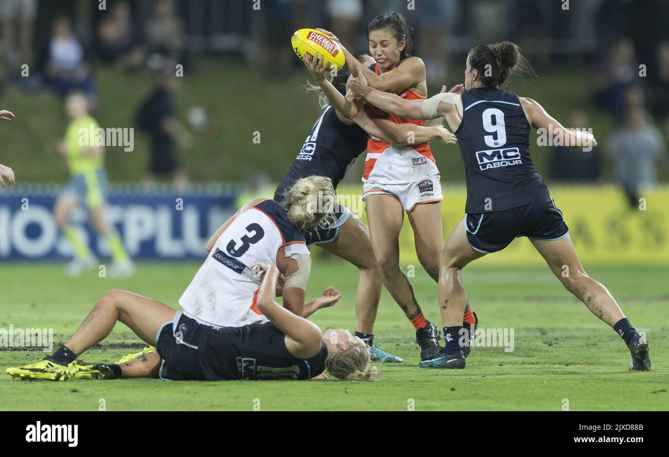 Rebecca Beeson of the Giants is tackled during the Round 2 AFLW match ...