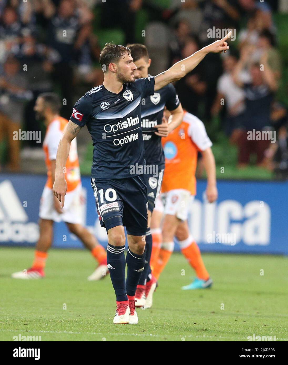 James Troisi gestures after scoring a goal for Victory during the Round ...