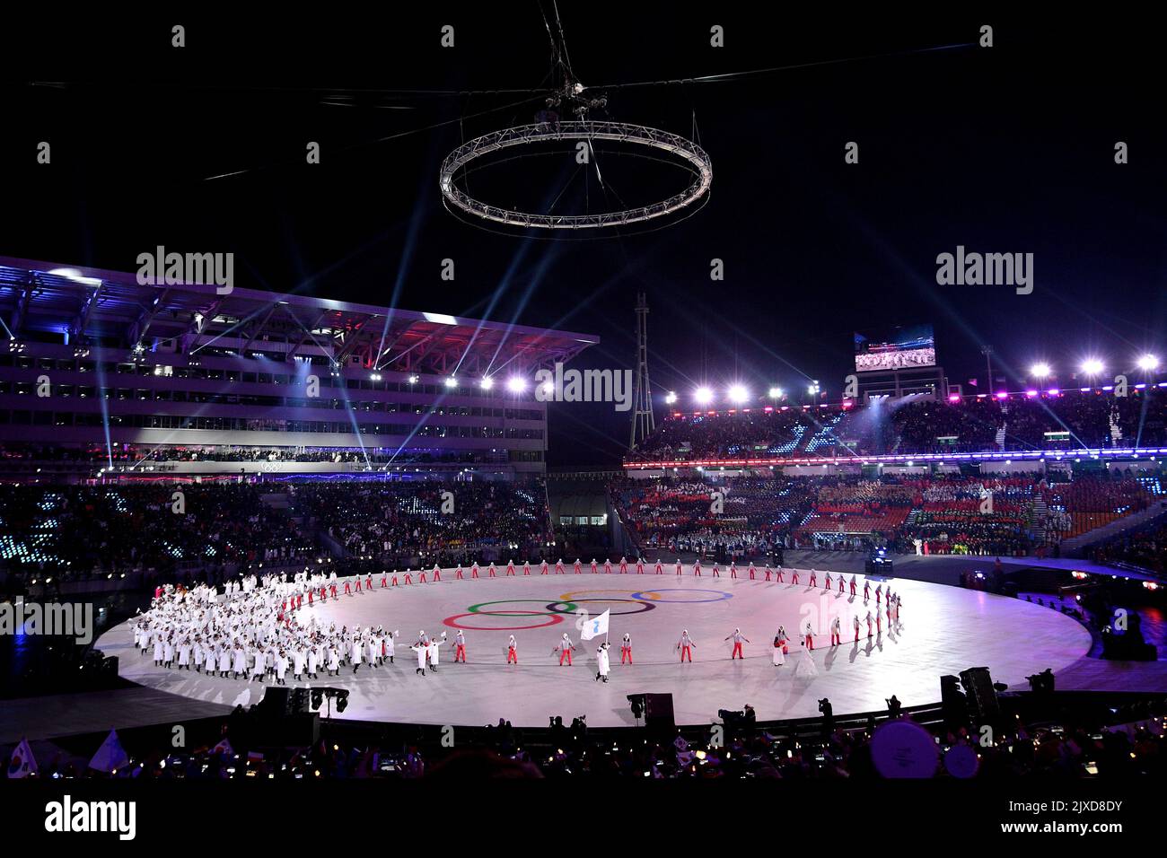 The united Korean team enters the stadium during the Opening Ceremony ...