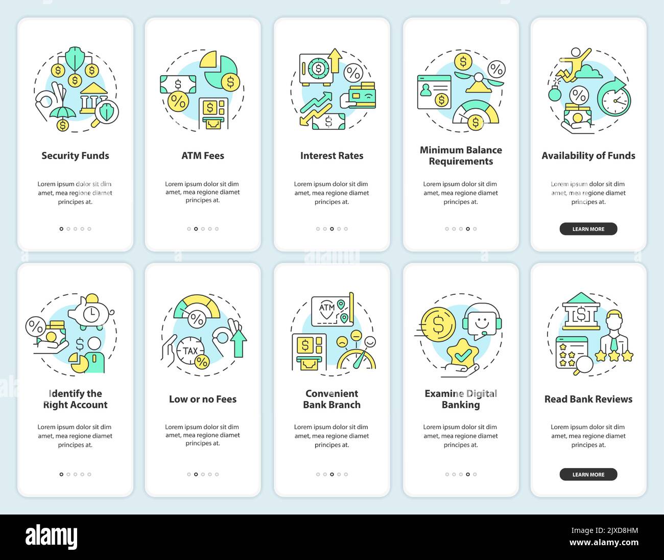 Choosing credit union and bank onboarding mobile app screen set Stock ...