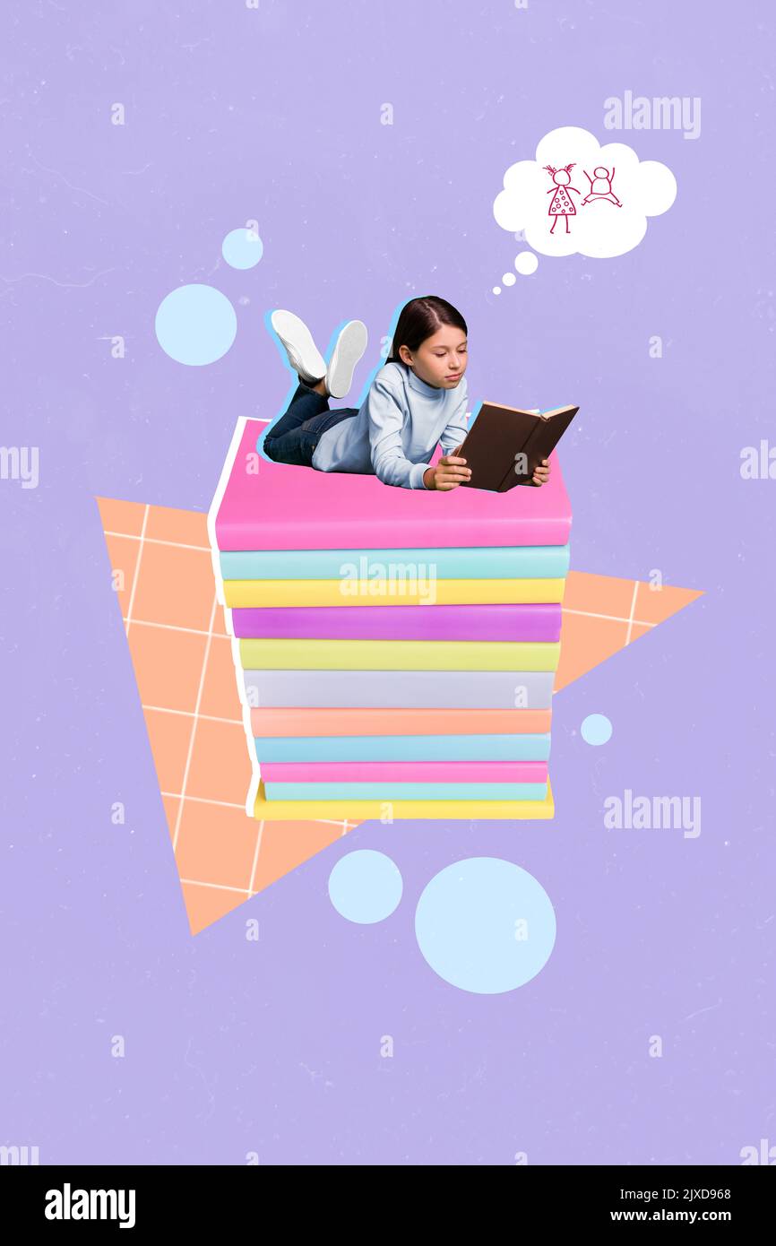 Vertical poster collage photo of small school girl read book wear ...