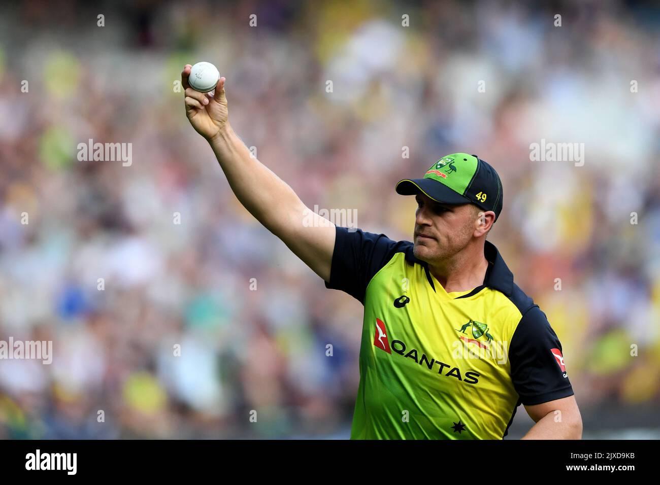 Aaron Finch of Australia catches the wicket of Alex Hales of England ...