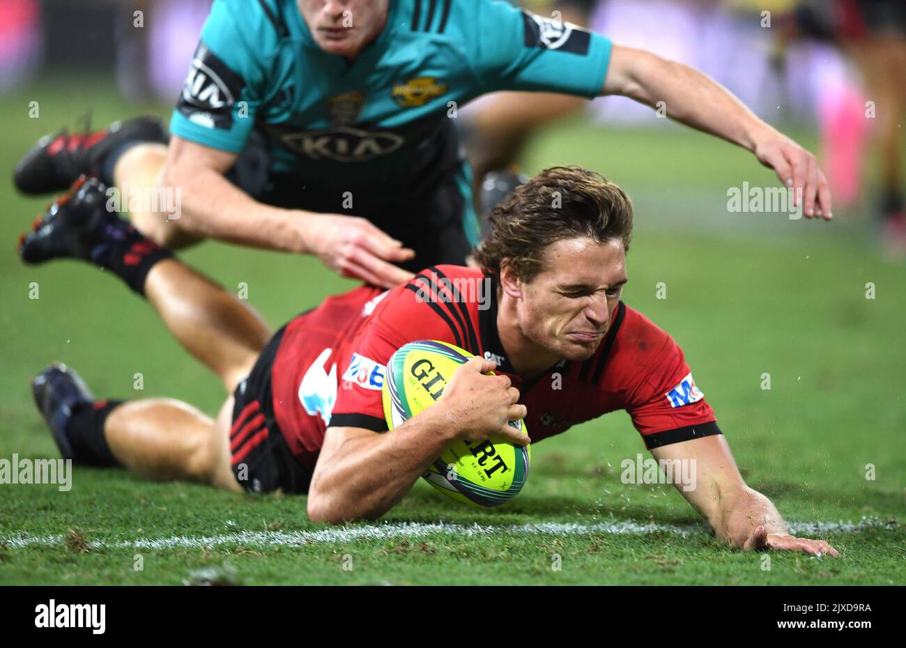 Crusaders player George Bridge scores a try during the Global Rugby ...