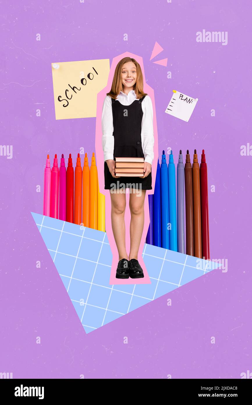 Vertical collage portrait of cheerful girl hold pile stack book big ...