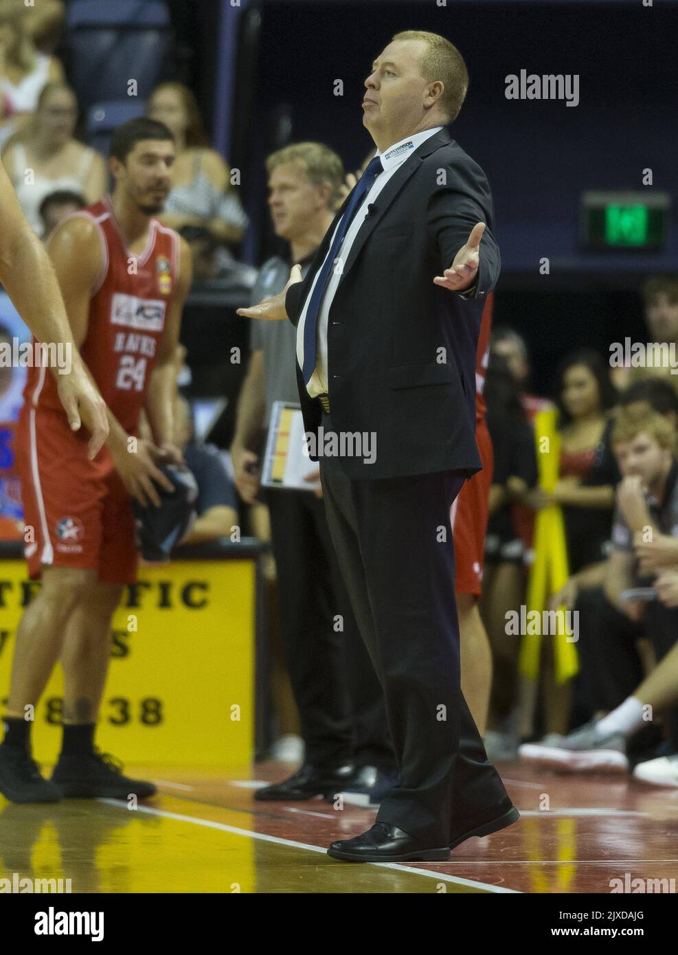 Rob Beveridge, coach of the Hawks during the Round 18 NBL match between ...