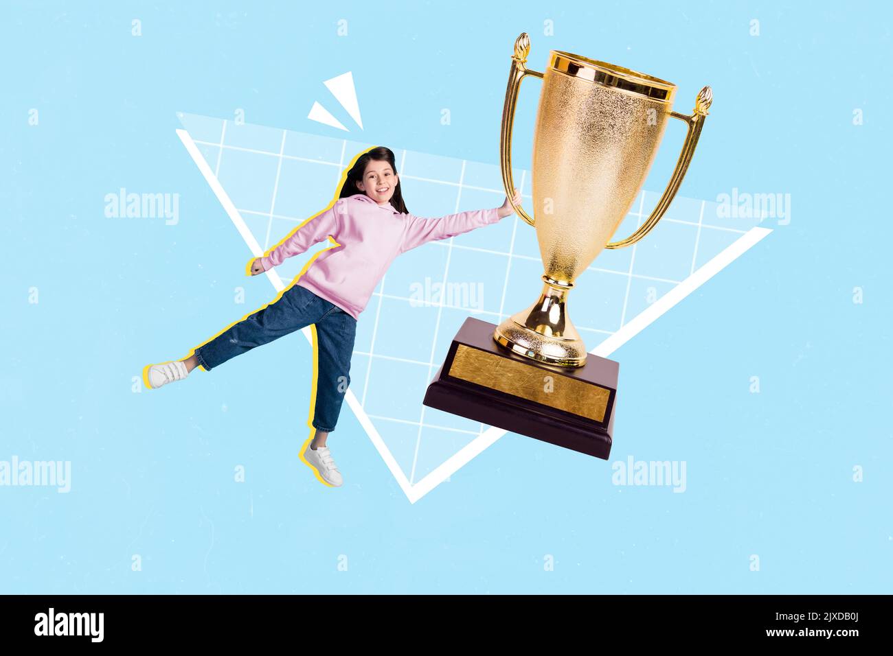 Artwork magazine picture of smiling funny small kid flying holding huge ...